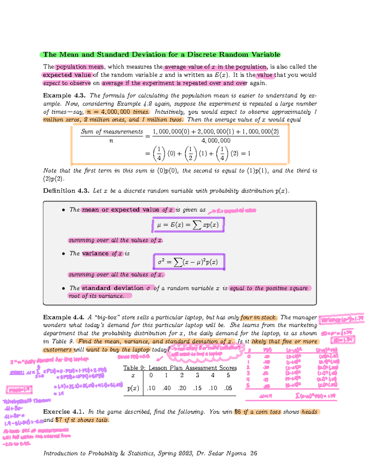Lecture Note 2 - Probability - The Mean and Standard Deviation for a ...