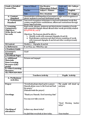 Consonant Digraphs - Lesson Plan - Name: Date: Subject Area: Grade ...