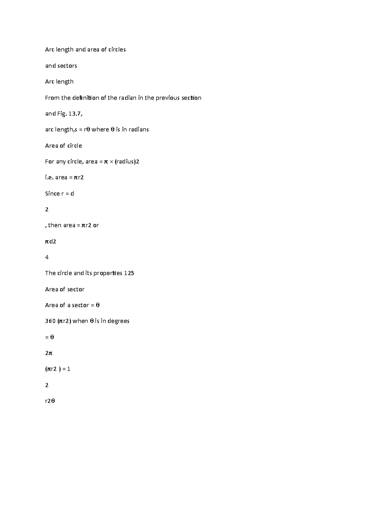 Arc length and area of circles - 13, arc length,s = rθ where θ is in ...