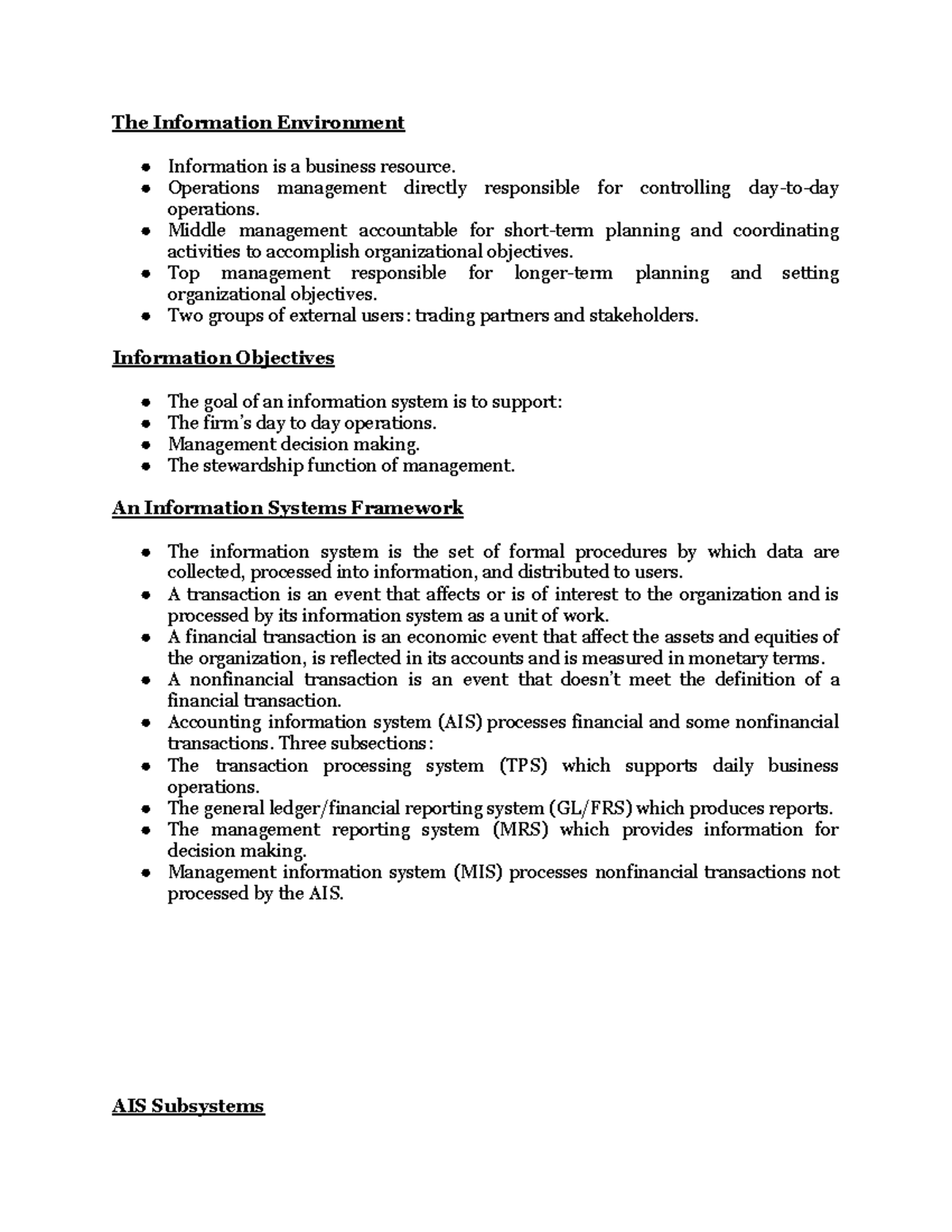 AIS Module 1 Summary - ...... - The Information Environment Information ...