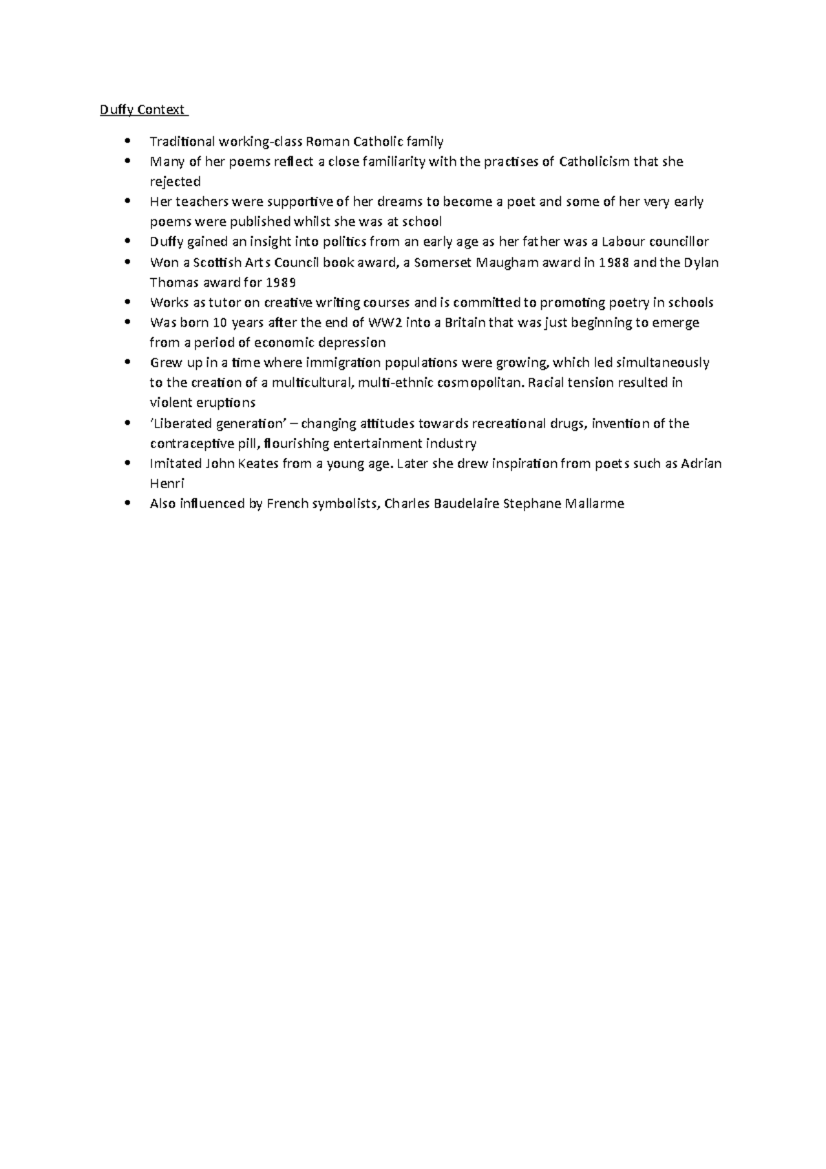 Duffy Context - Duffy Context Traditional working-class Roman Catholic ...