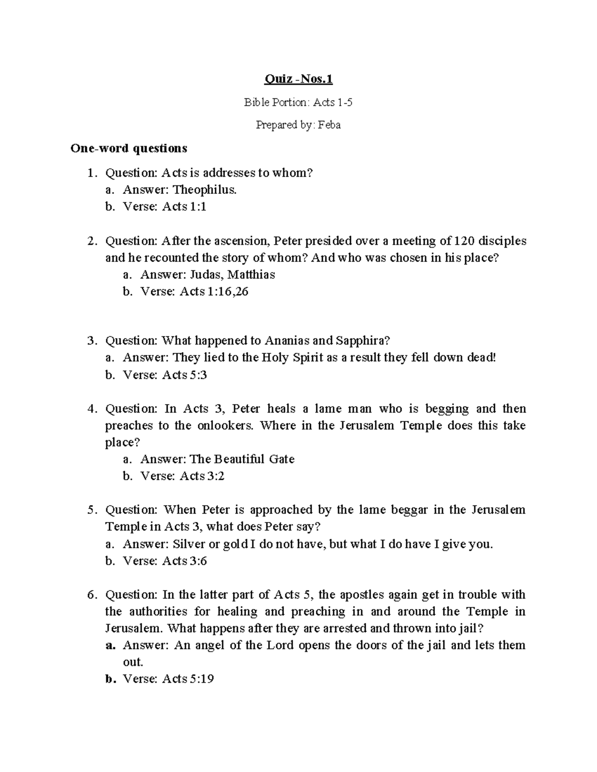 559934204 Acts 1 5 - Quiz -Nos. Bible Portion: Acts 1- Prepared by ...