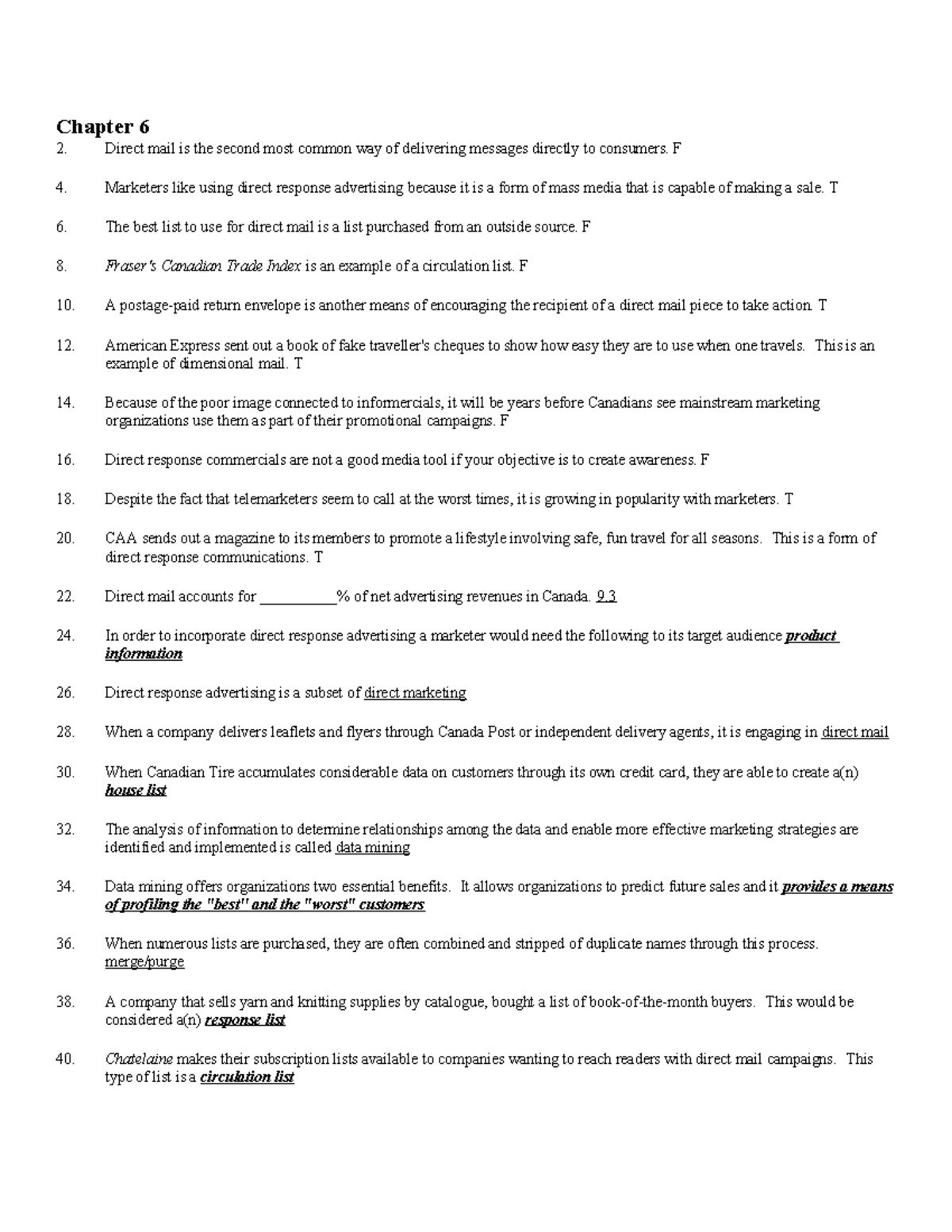 Chapter 6 self test - tests - Chapter 6 Direct mail is the second most ...