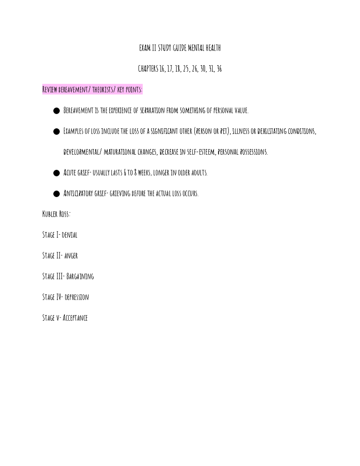 EXAM II Study Guide Mental Health - EXAM II STUDY GUIDE MENTAL HEALTH ...