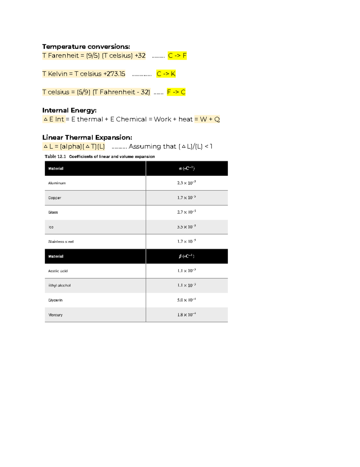 Physics Key Equations Midterm 1 - Temperature conversions: T Farenheit ...