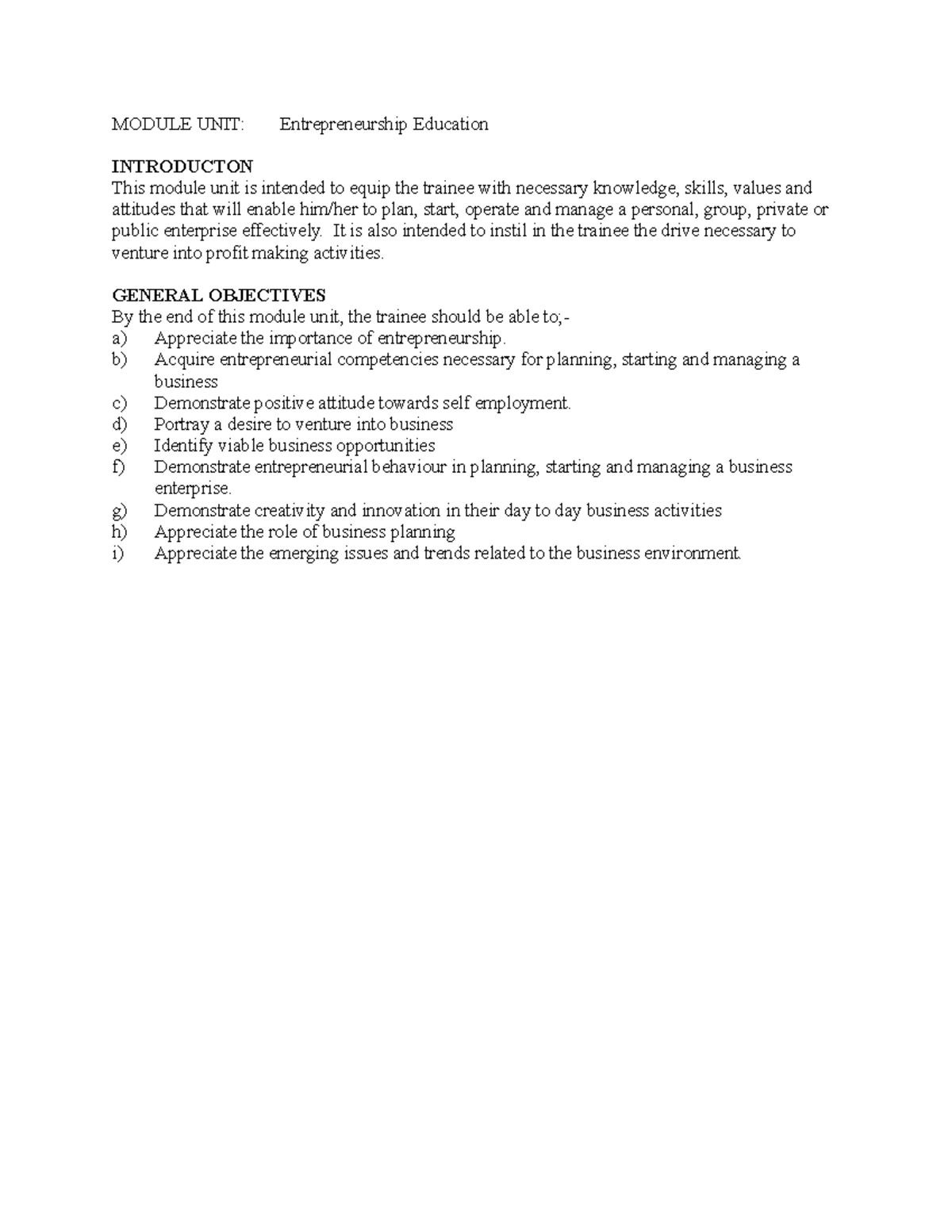 Entrepreneurship Notes - MODULE UNIT: Entrepreneurship Education ...