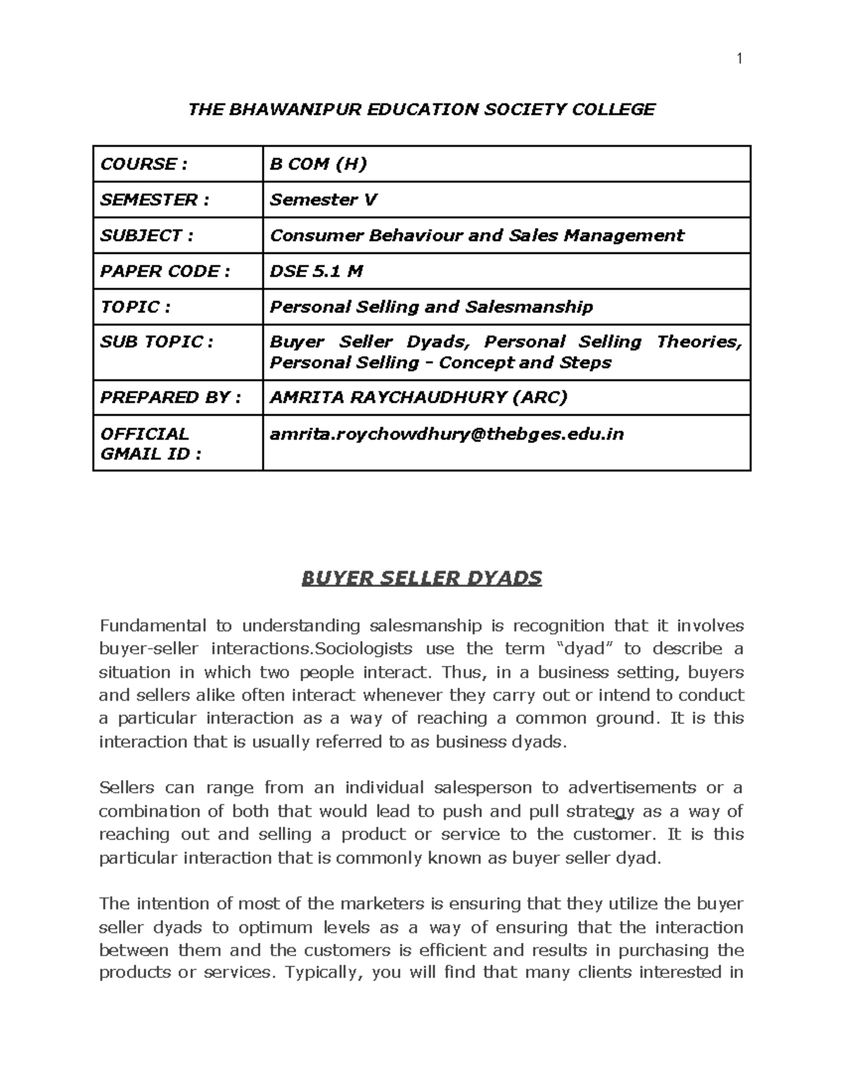 Personal Selling and Salesmanship 1 - THE BHAWANIPUR EDUCATION SOCIETY ...