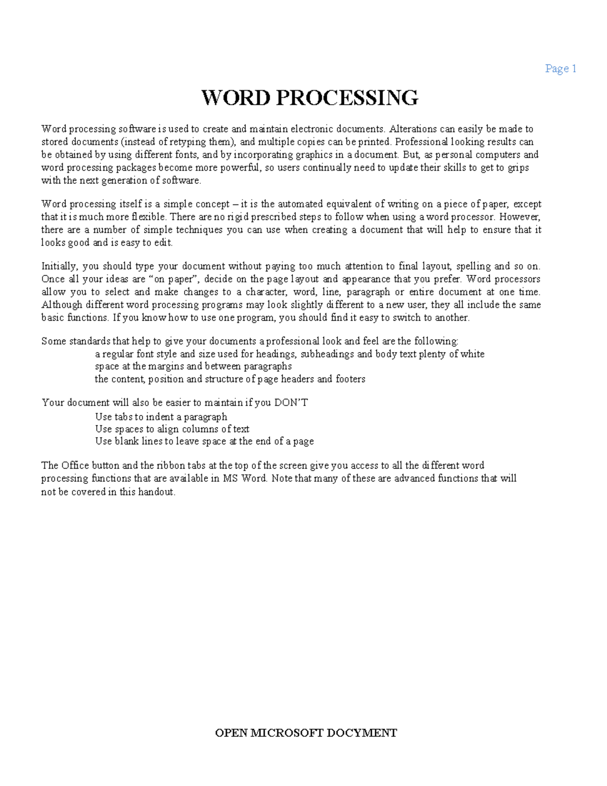 Chambskings microsoft word handout - WORD PROCESSING Word processing ...