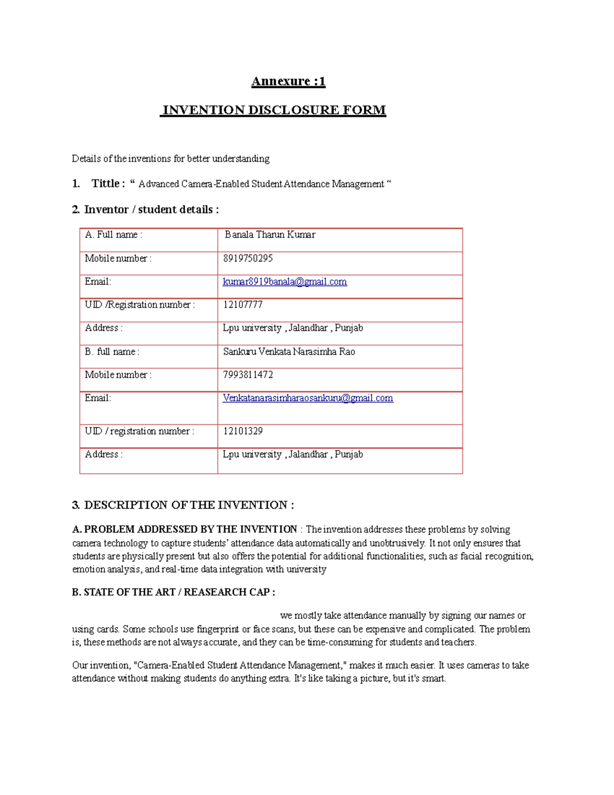 Patent cse332 - Annexure : INVENTION DISCLOSURE FORM Details of the ...