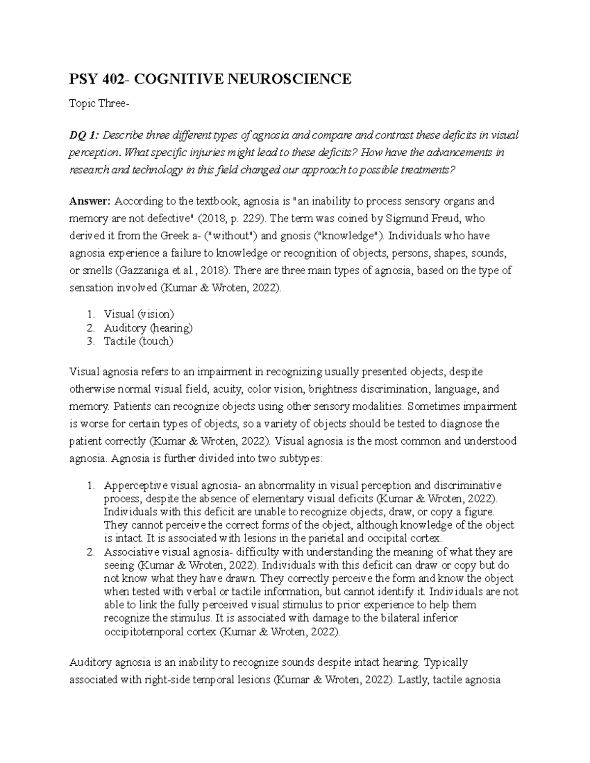 Topic Three DQ 1-2 - PSY 402- COGNITIVE NEUROSCIENCE Topic Three- DQ 1 ...