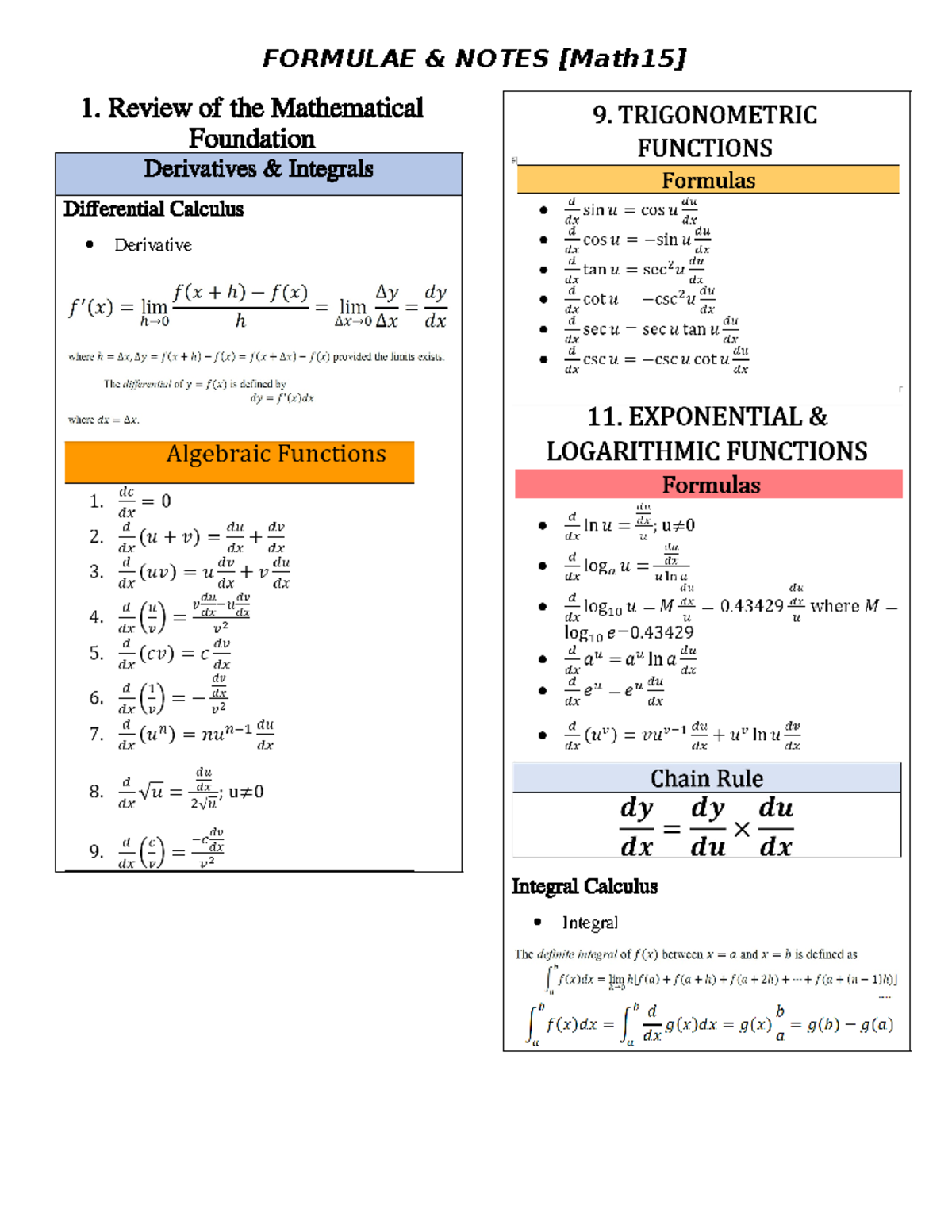[Math 15] Formulae & Notes - Civil Engineering - FORMULAE & NOTES ...
