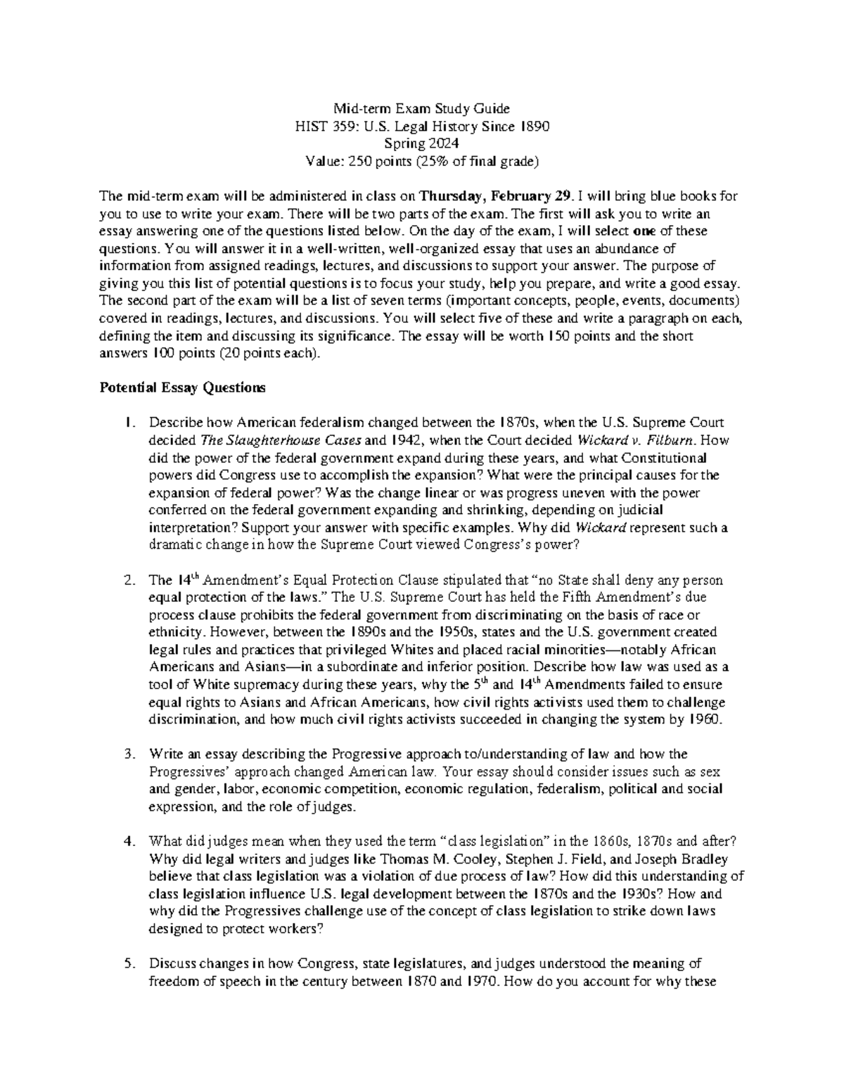 Mid-term Study Guide 359 - Mid-term Exam Study Guide HIST 359 : U. Legal History Since 1890 ...