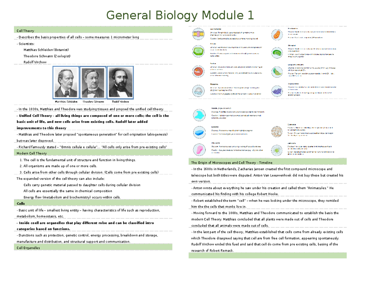 General Biology Module 1 Notes - Cell Theory Describes the basis ...