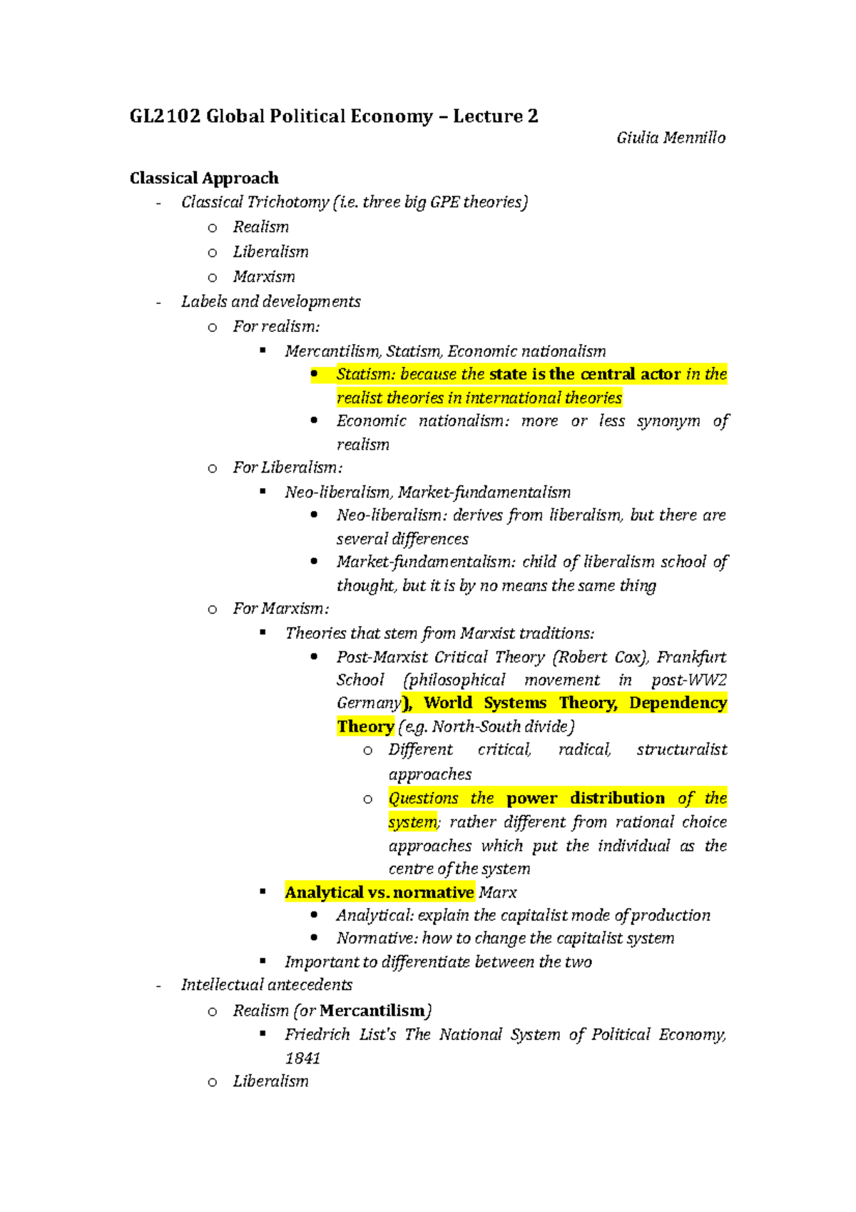 GL2102 Lecture 2 - GL2102 Global Political Economy – Lecture 2 Giulia ...