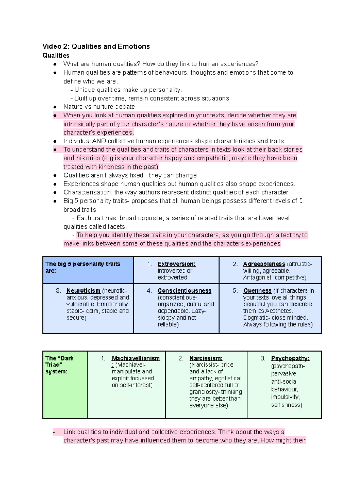 Human Experiences notes from rubric - Video 2: Qualities and Emotions ...
