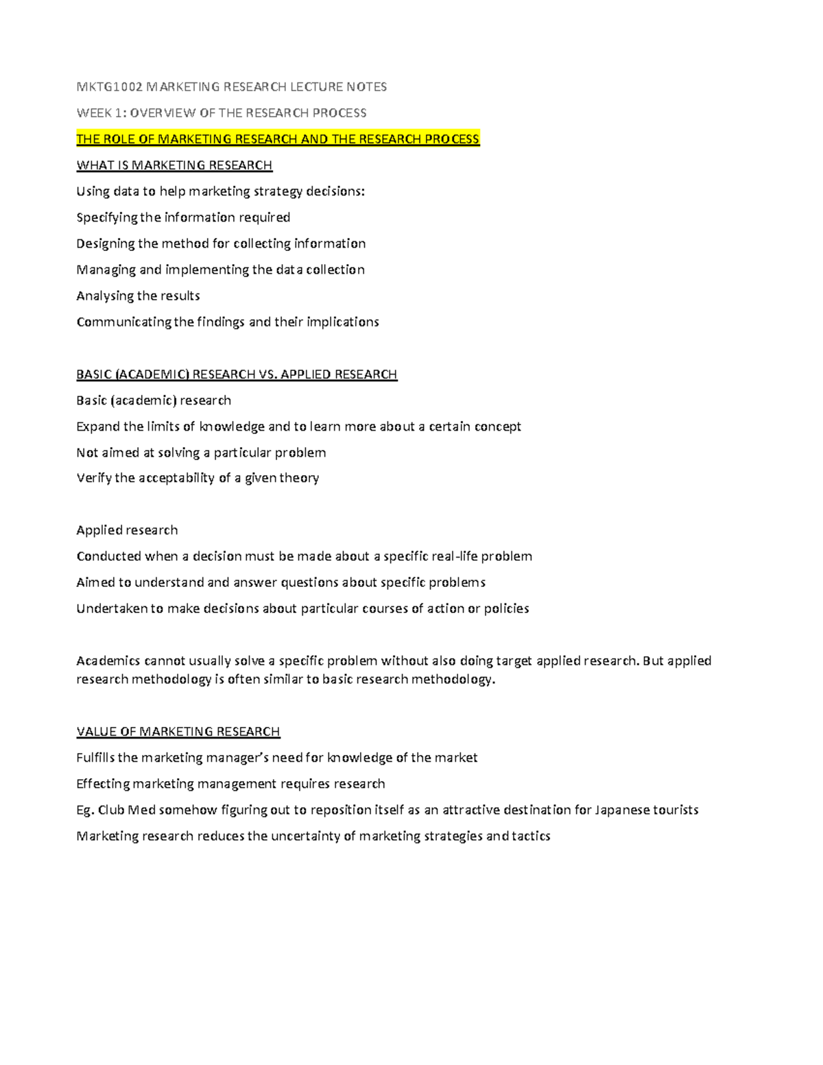 Week 1+2 - Lecture notes 1-2 - MKTG1002 MARKETING RESEARCH LECTURE ...