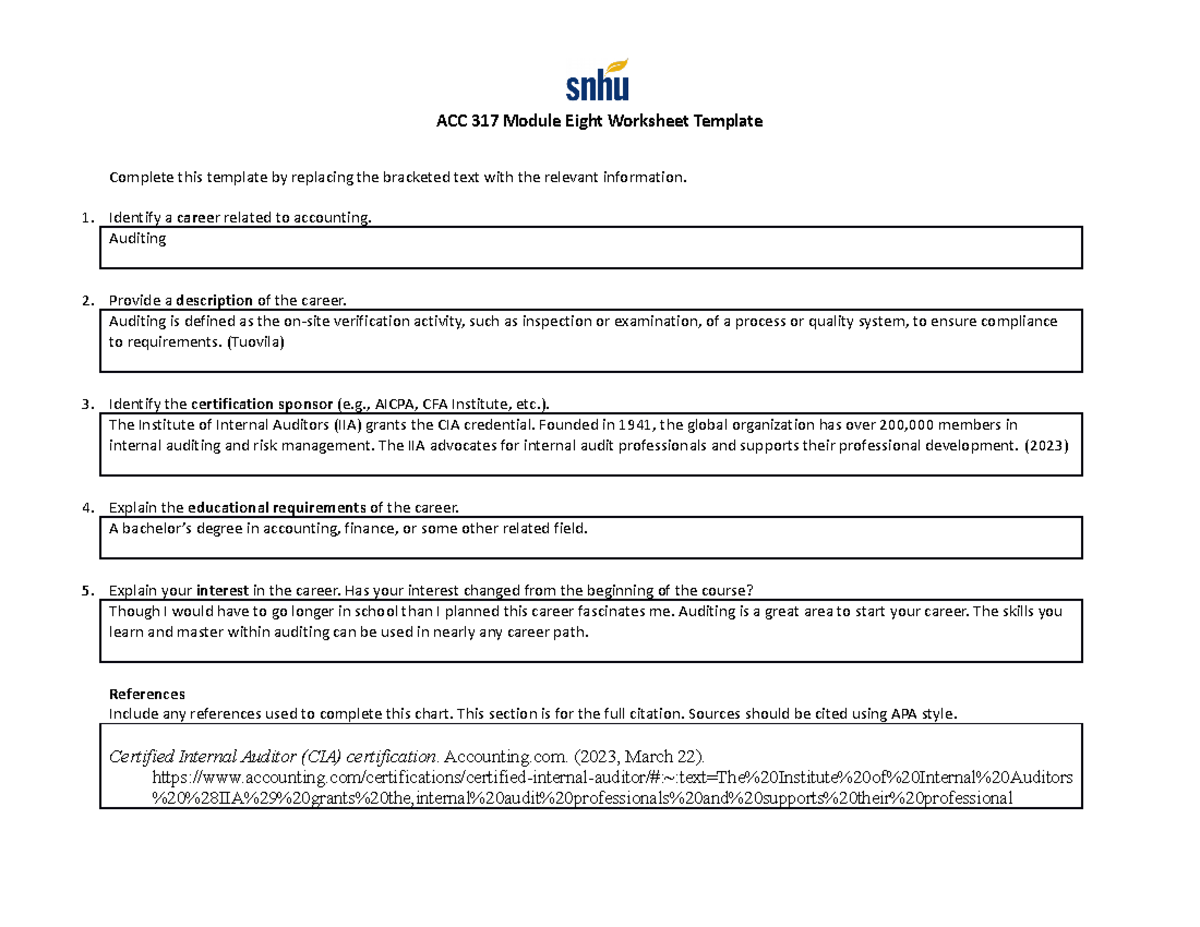 ACC 317 Module Eight Worksheet Template - ACC 317 Module Eight ...