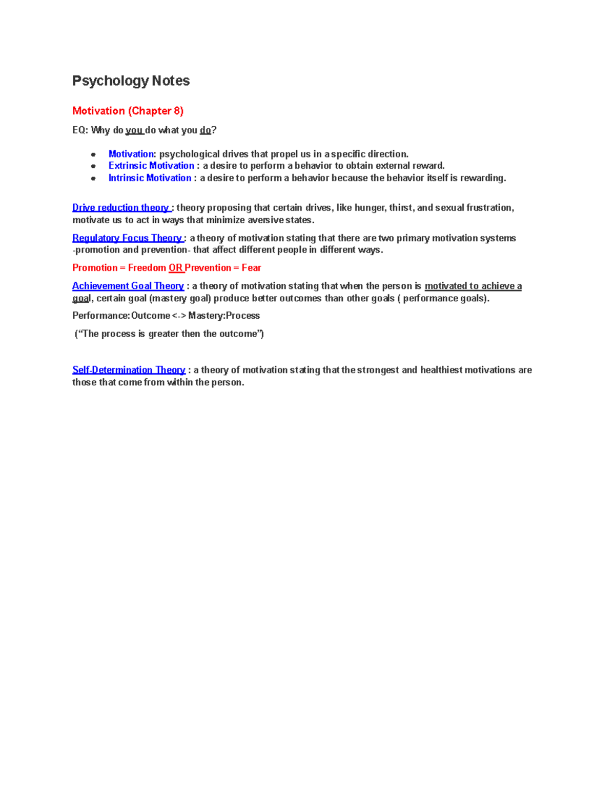 Psych Lecture Notes 11 - Psychology Notes Motivation (Chapter 8) EQ ...