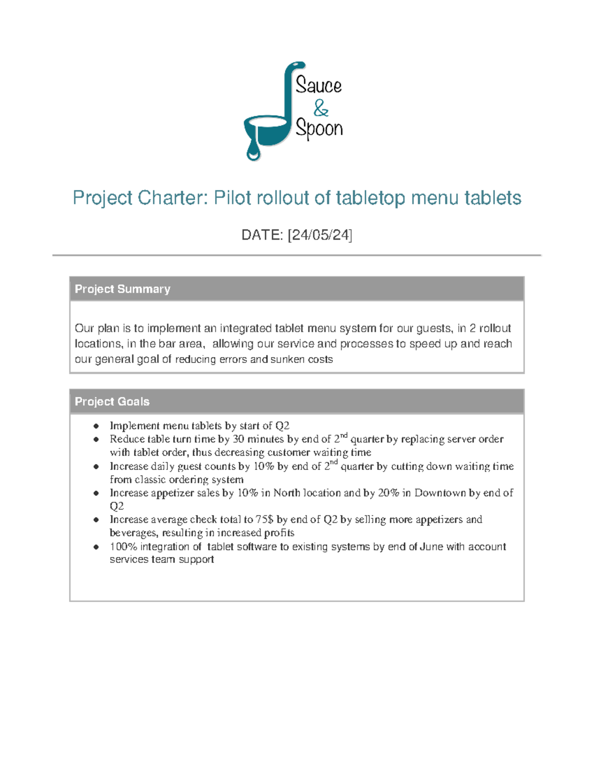 PMP Project-Charter Pilot rollout of tabletop menu tablets - Project ...