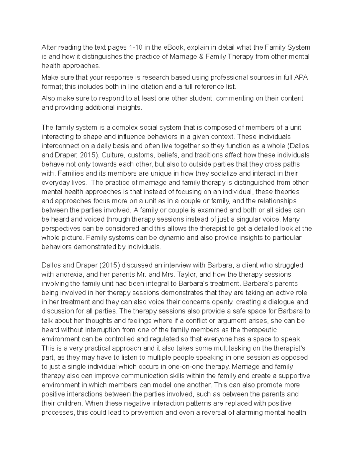 MFT 610 Discussion 2 - After reading the text pages 1-10 in the eBook ...