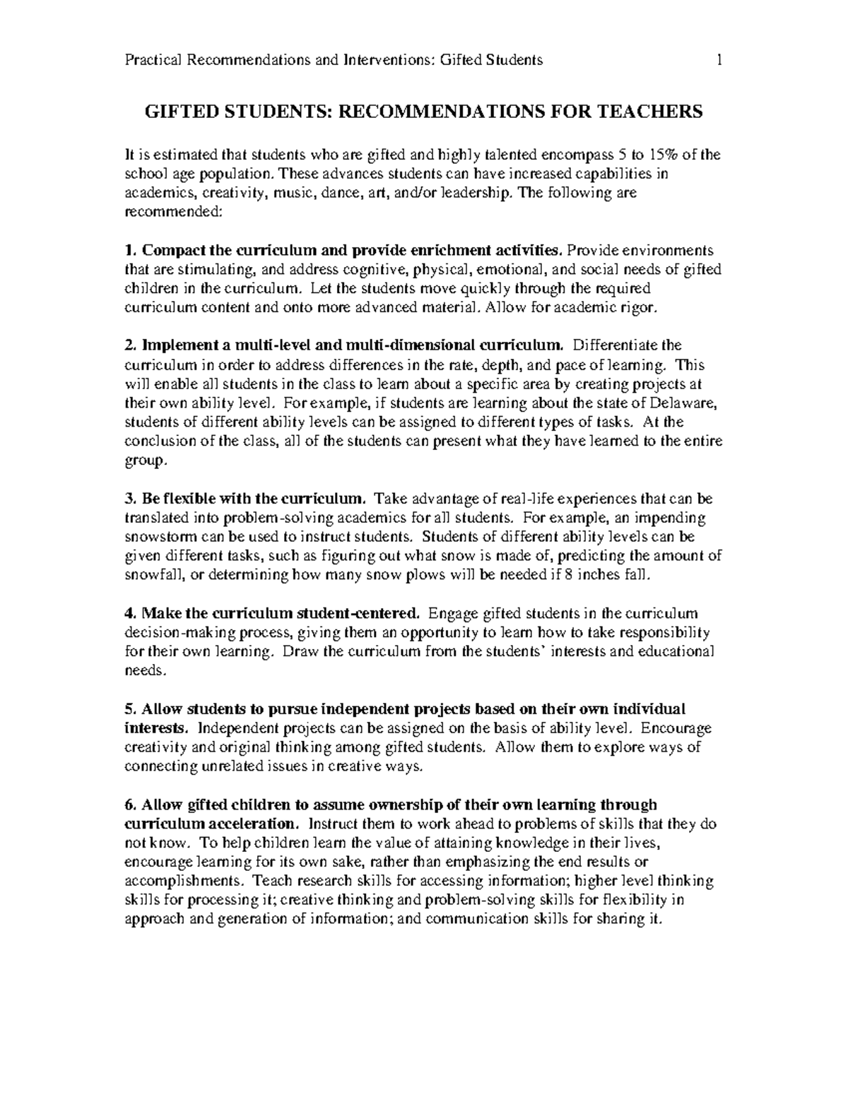 Gifted Students support plan - GIFTED STUDENTS: RECOMMENDATIONS FOR ...