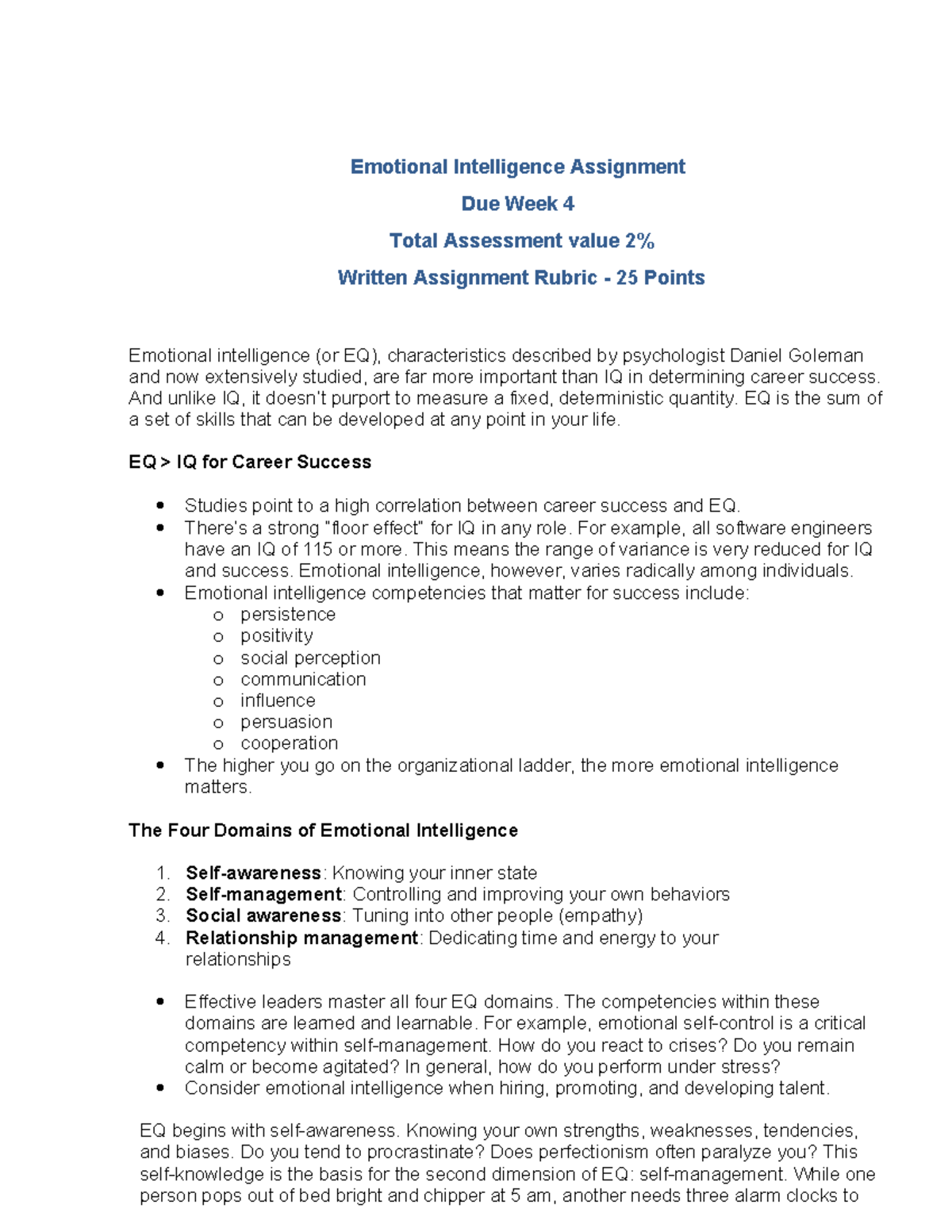 Explore Emotional Intelligence Assignment - Emotional Intelligence Assignment Due Week 4 Total ...