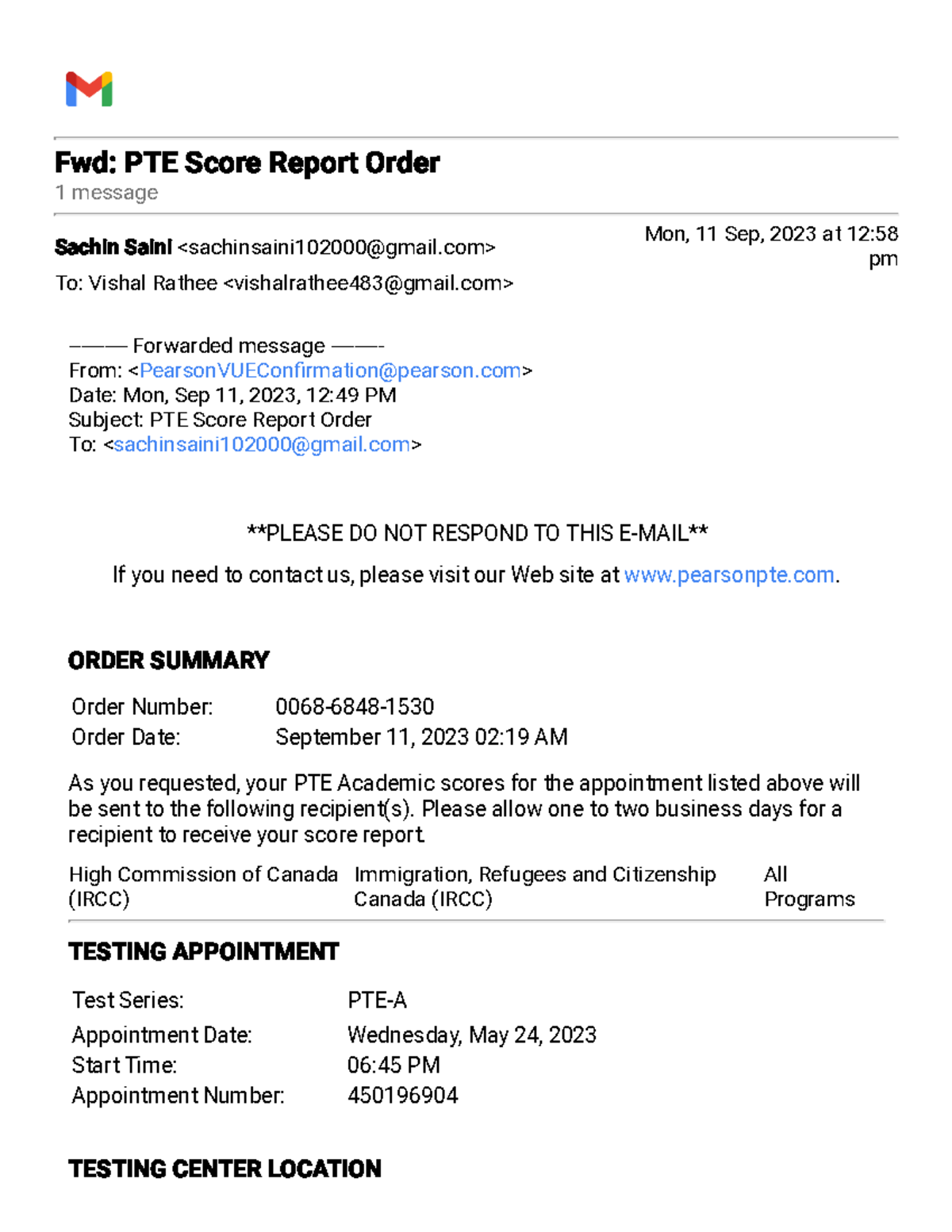 PTE Score Report TO IRCC - Fwd: PTE Score Repor t Order 1 message Sachin Saini - Studocu