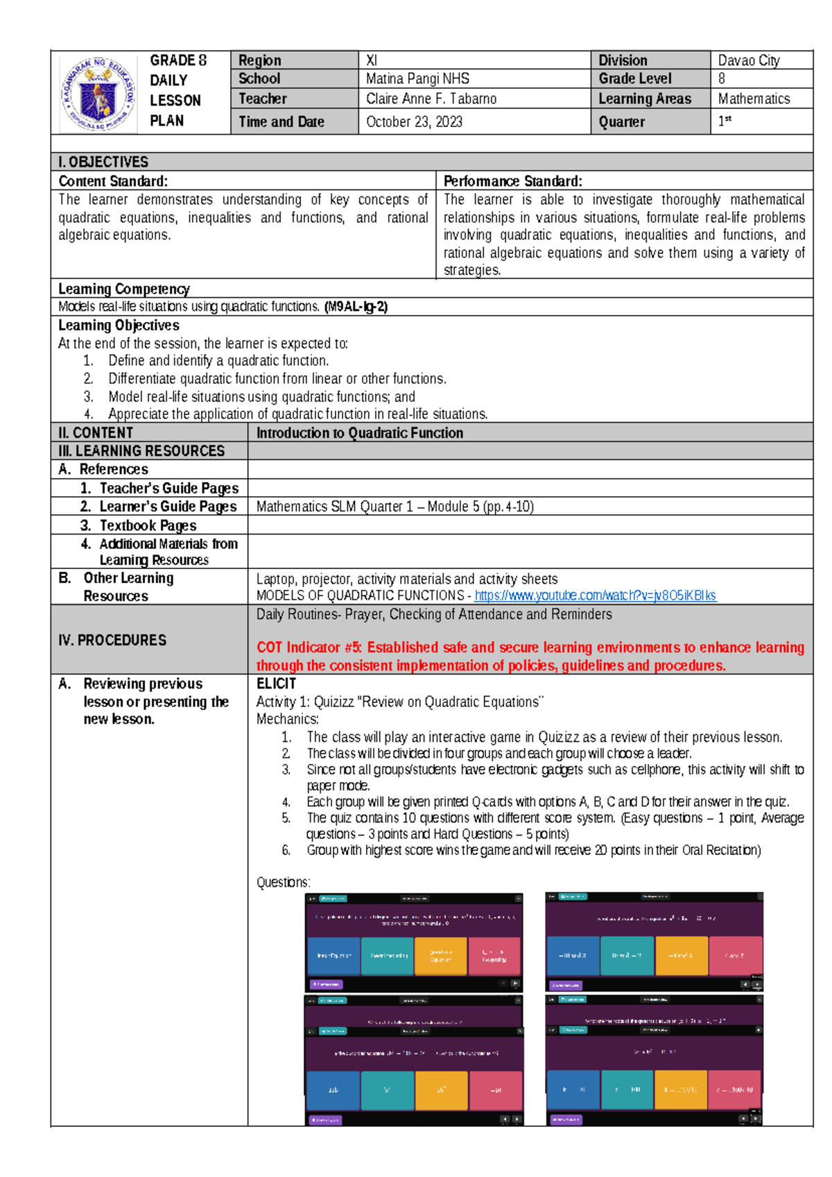Q1 Quadratic Functions - GRADE 8 DAILY LESSON PLAN Region XI Division Davao City School Matina ...