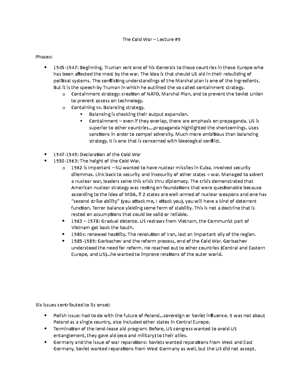 Cold War - Lecture notes 9 - The Cold War – Lecture # Phases: 1945-1947 ...