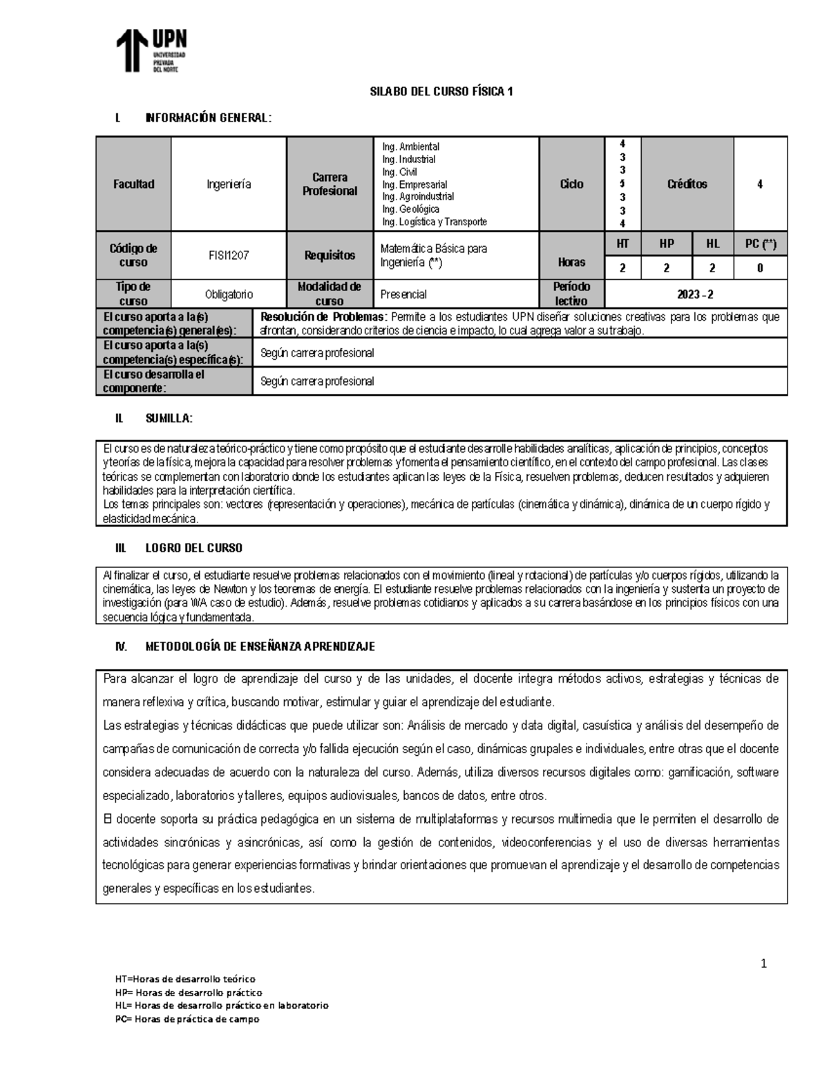 FISI1207 Física 1 Presencial UG - 1 HT=Horas de desarrollo teÛrico HP= Horas de desarrollo pr ...