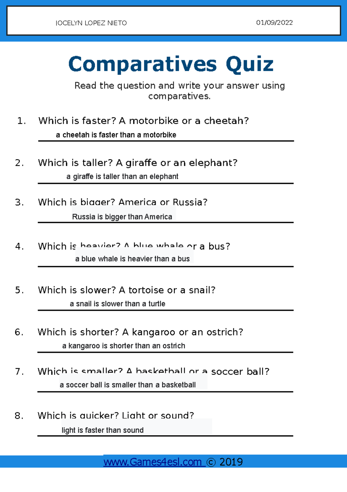 Comparatives quiz - hwgdqwjhfe - NAME DATE Comparatives Quiz Read the ...