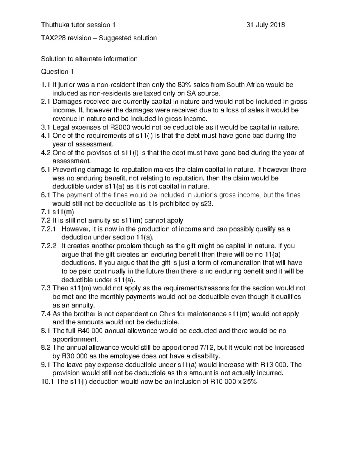 TAX2 Worksheet suggested solution - Thuthuka session 1 - Warning: TT: undefined function: 32 ...