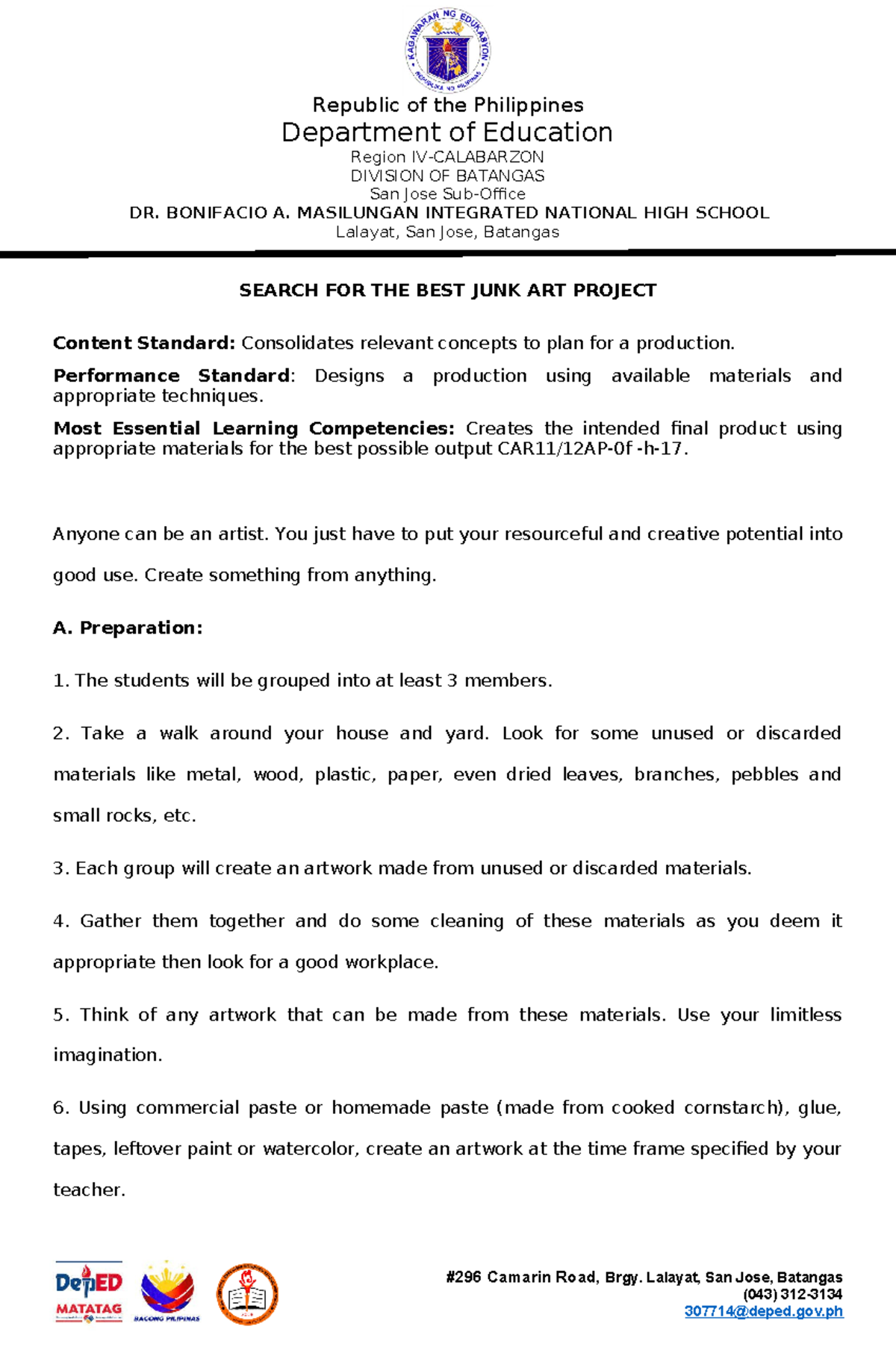 JUNK-ART- Project fireflies - Department of Education Region IV ...