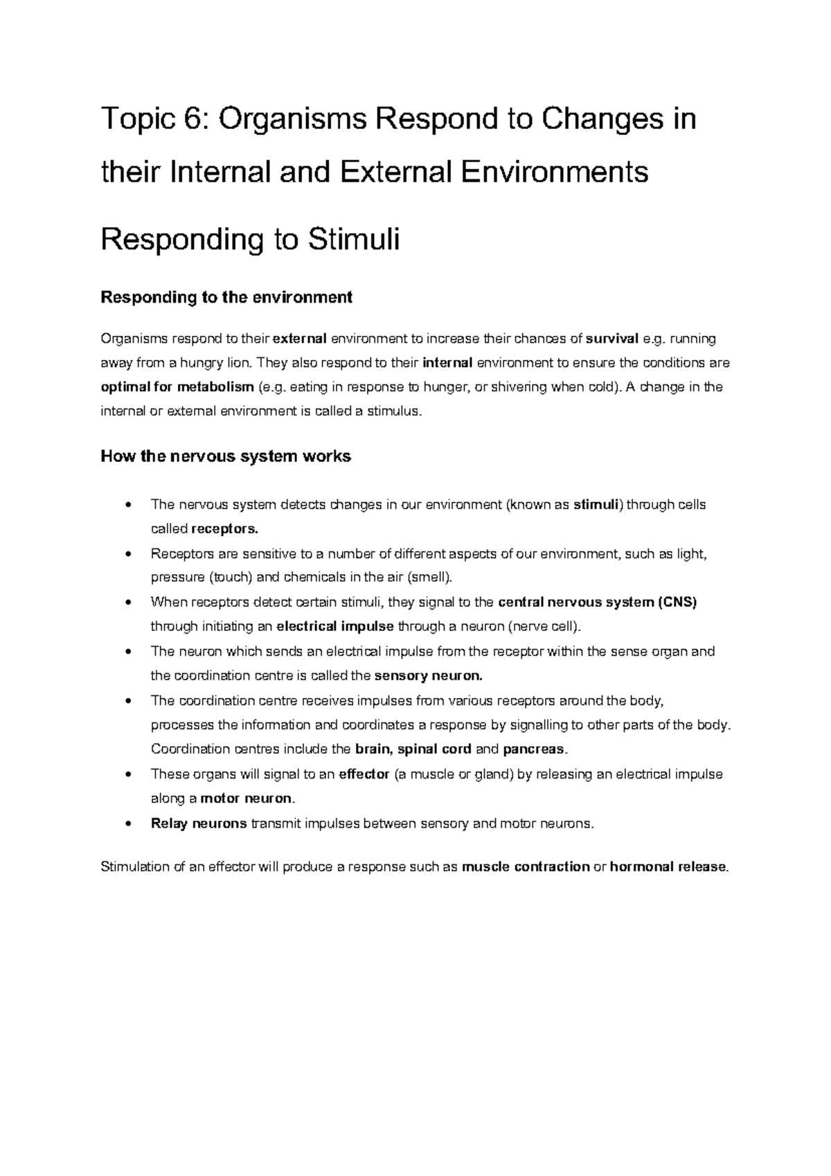 Responding+to+stimuli - Topic 6: Organisms Respond to Changes in their ...