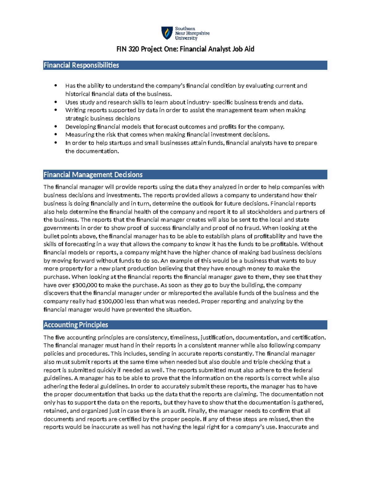 FIN 320 Project One Financial Analyst Job Aid - Uses study and research ...