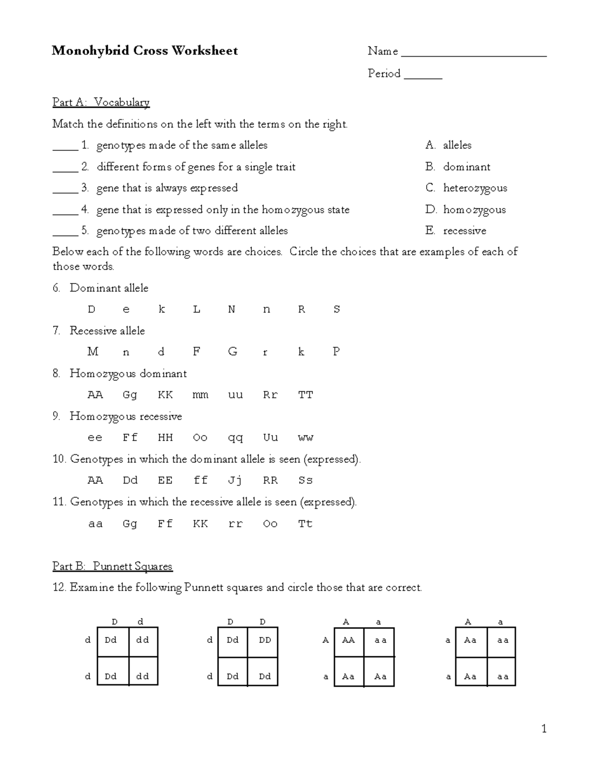 Monohybrid Cross Worksheet