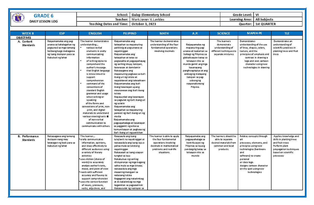 DLL G6-Q1-W6-D2 - NOTES - GRADE 6 DAILY LESSON LOG School: Gulap ...