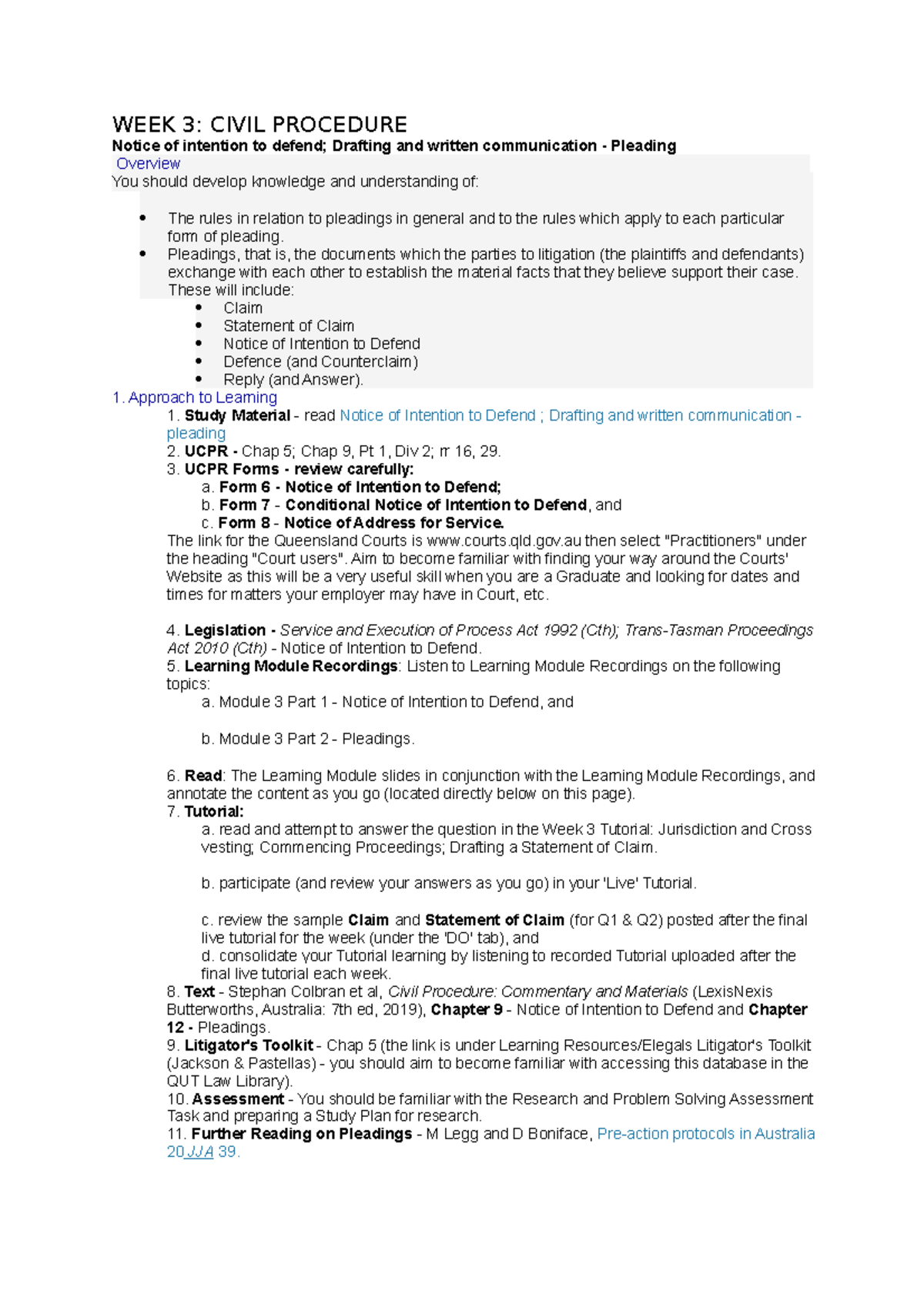3 Notes, Civil Procedure, civil procedure - WEEK 3: CIVIL PROCEDURE ...