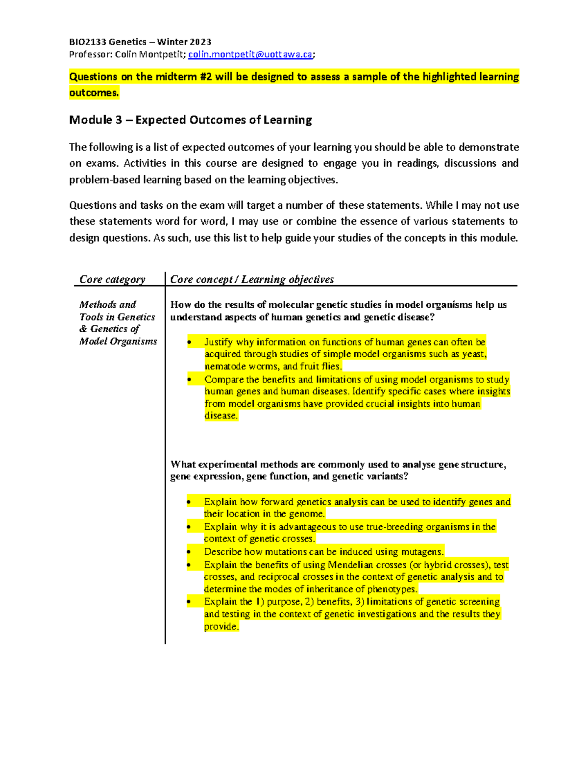 Module 3 - Exam LOs Midterm 2 - BIO2133 Genetics – Winter 2023 ...