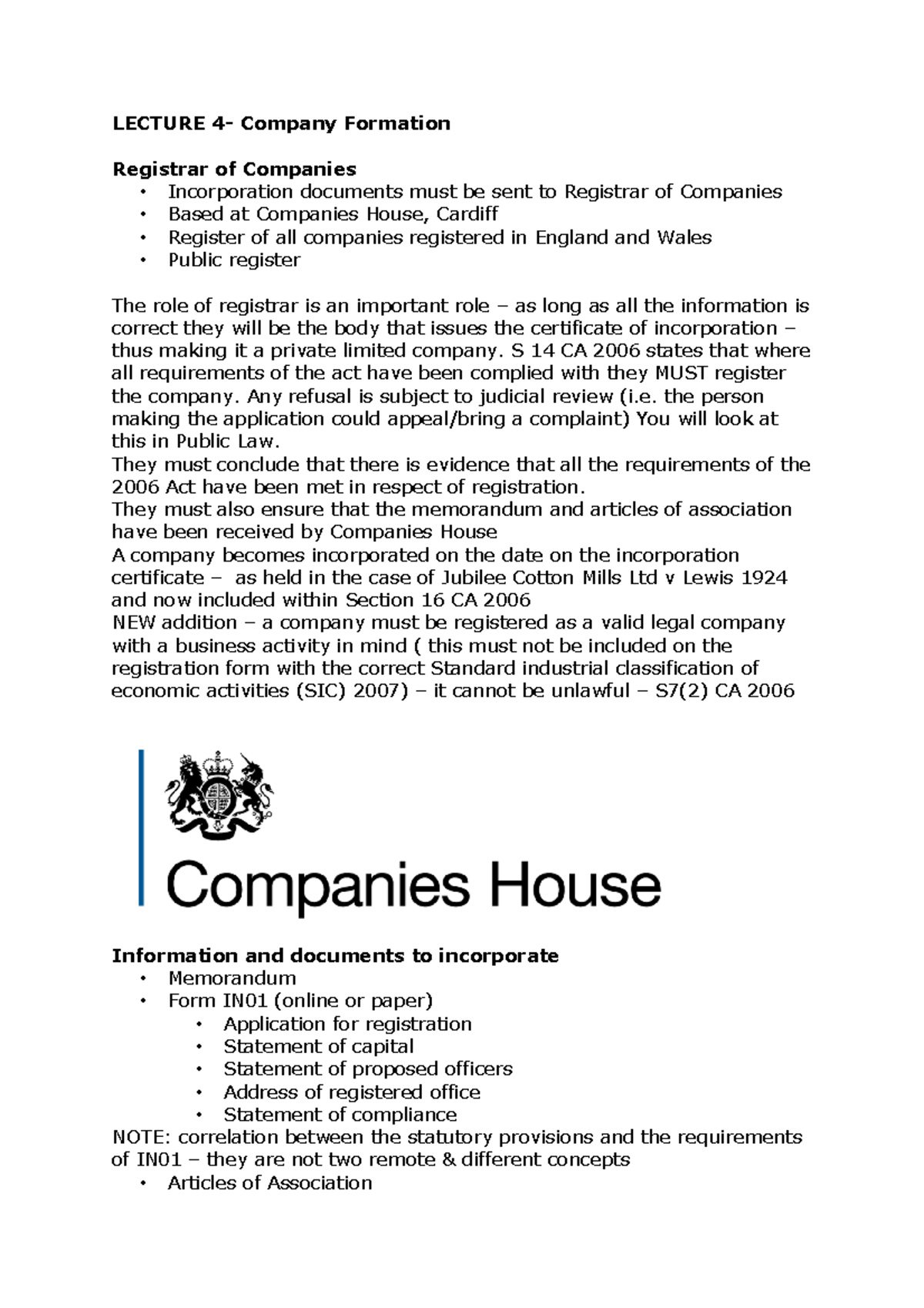 Lecture 4-8 - Notes - LECTURE 4- Company Formation Registrar of ...