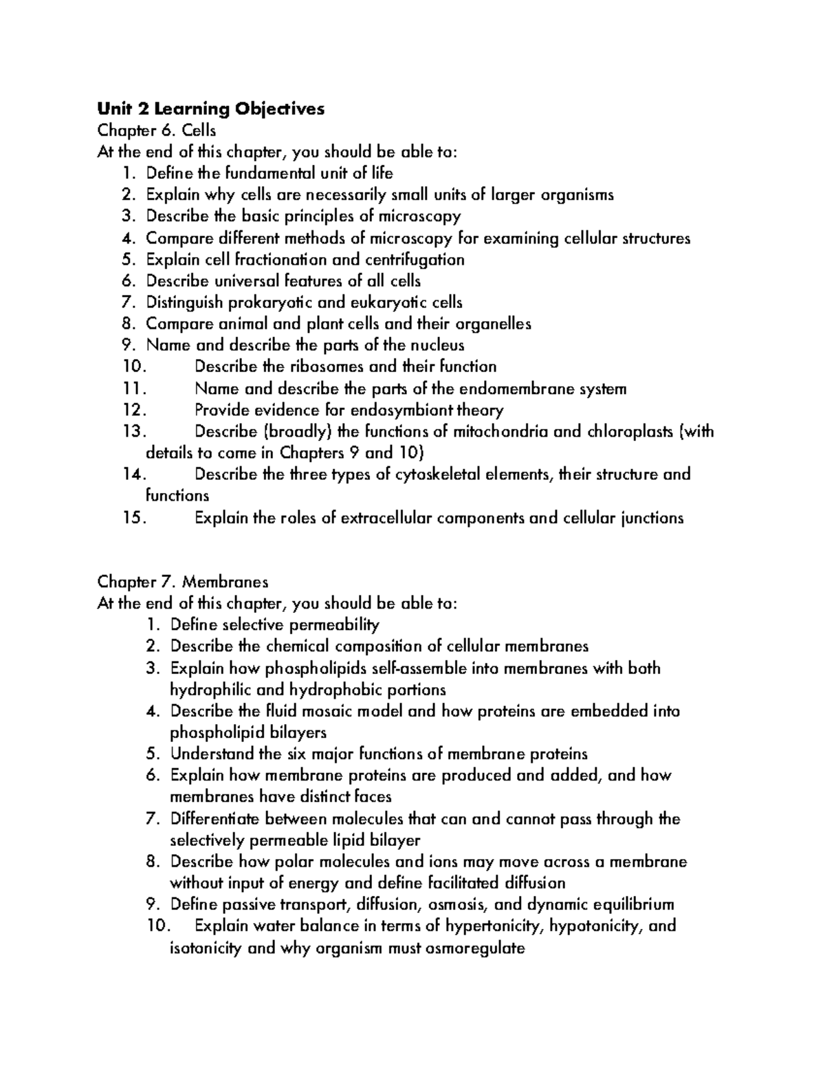 BIO unit 2 learning objectives - Unit 2 Learning Objectives Chapter 6 ...