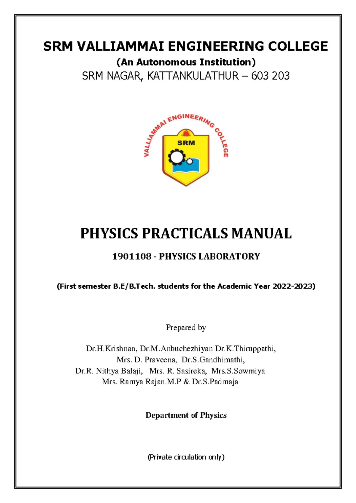 1901108 physics laboratory manual - SRM VALLIAMMAI ENGINEERING COLLEGE (An Autonomous ...