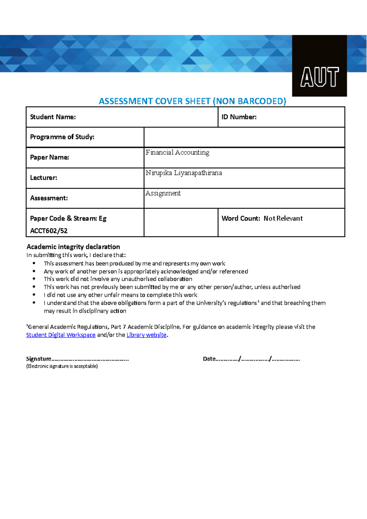 Answer Template- Assignment ACCT 602 S2 - Financial Accounting for ...