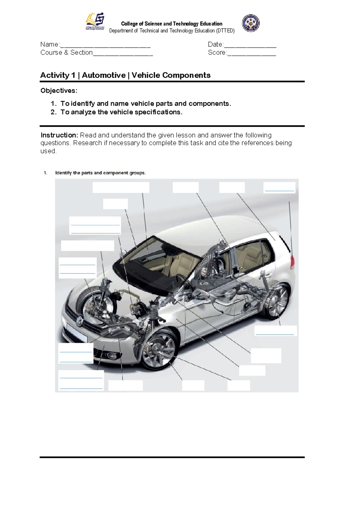 Automotive-Activity-1 - College of Science and Technology Education ...
