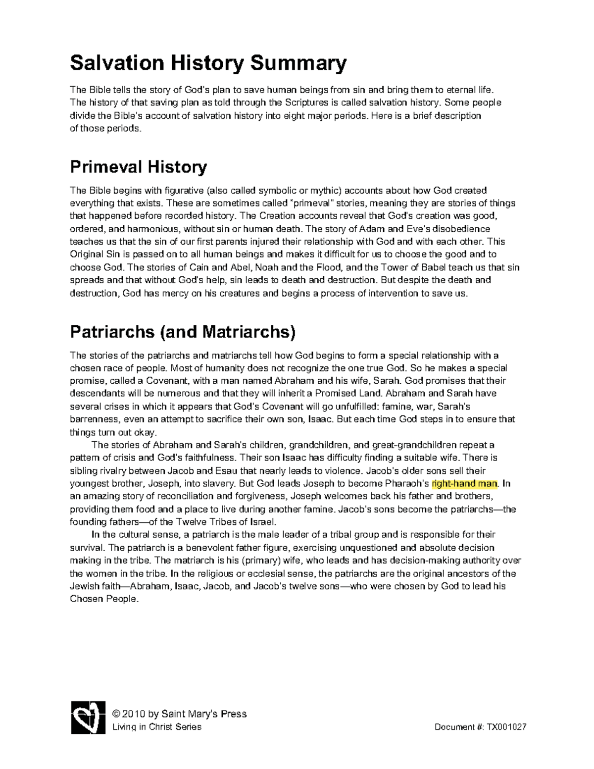 Salvation History - reed notes - © 2010 by Saint Mary’s Press Salvation ...