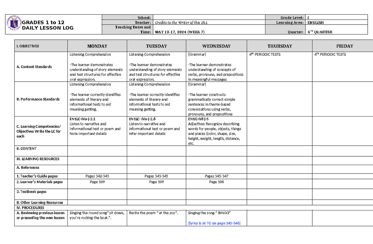 DLL English 1 Q4 W7 - This helps for making a lesson plan - GRADES 1 to ...