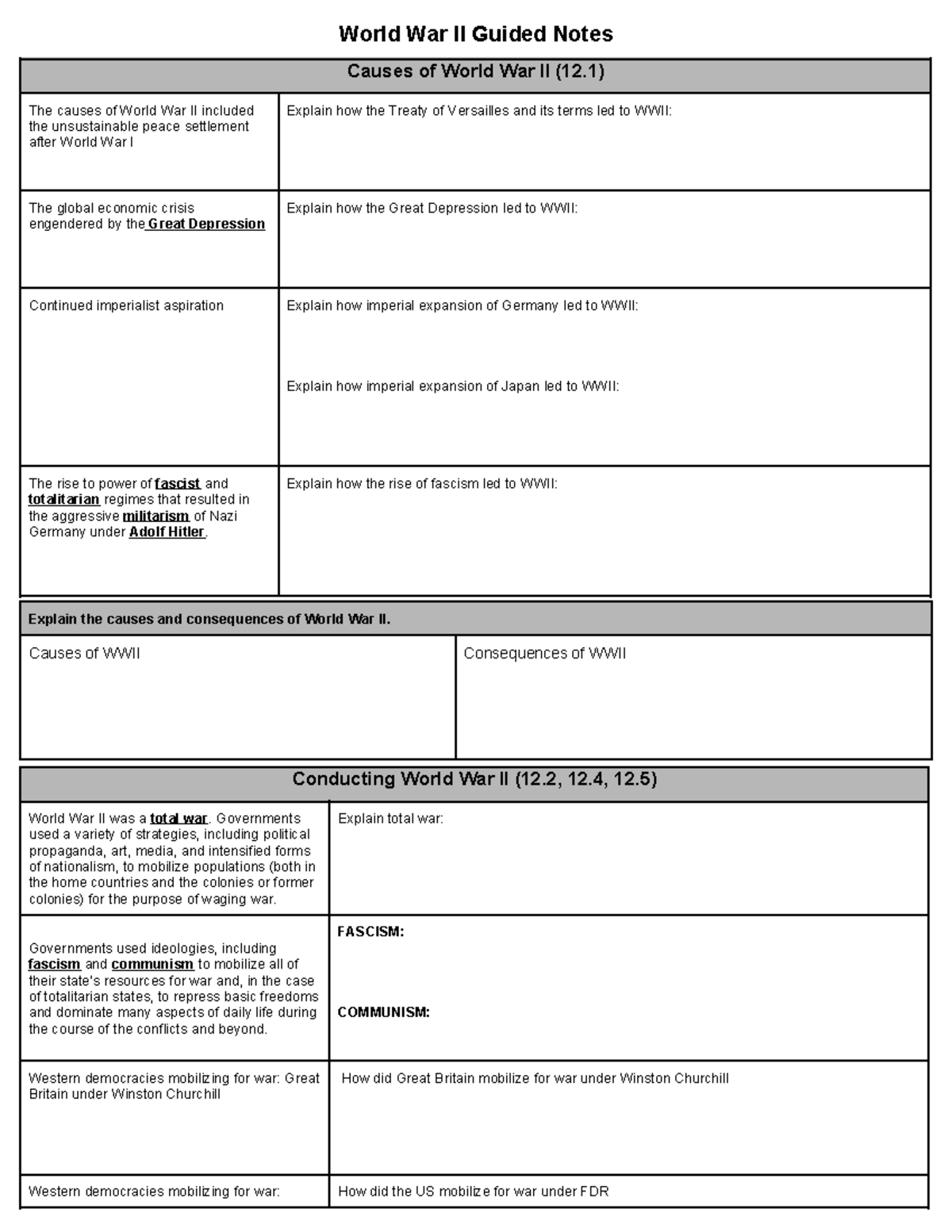WWII Guided Notes - Student work for examples - World War II Guided ...