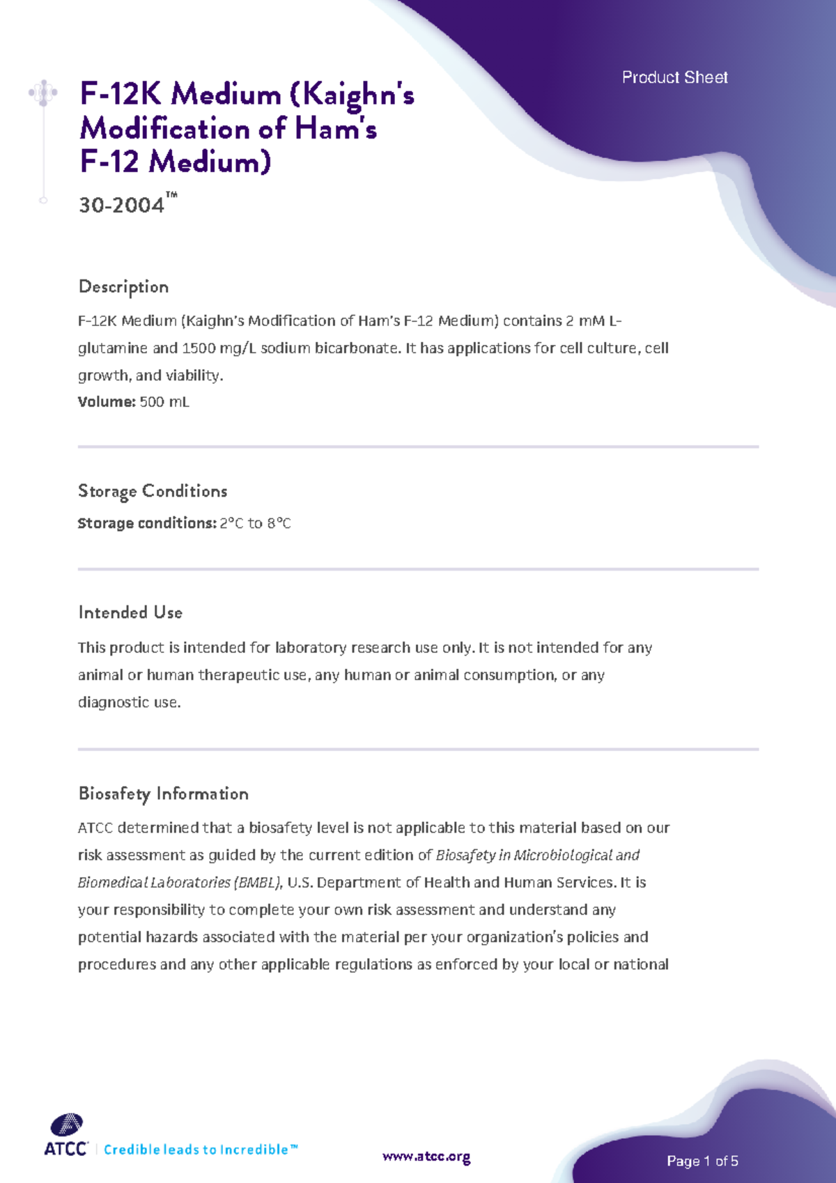 30-2004 Product Sheet - F-12K Medium (Kaighn's Modification of Ham's F-12 Medium) - F-12K Medium ...