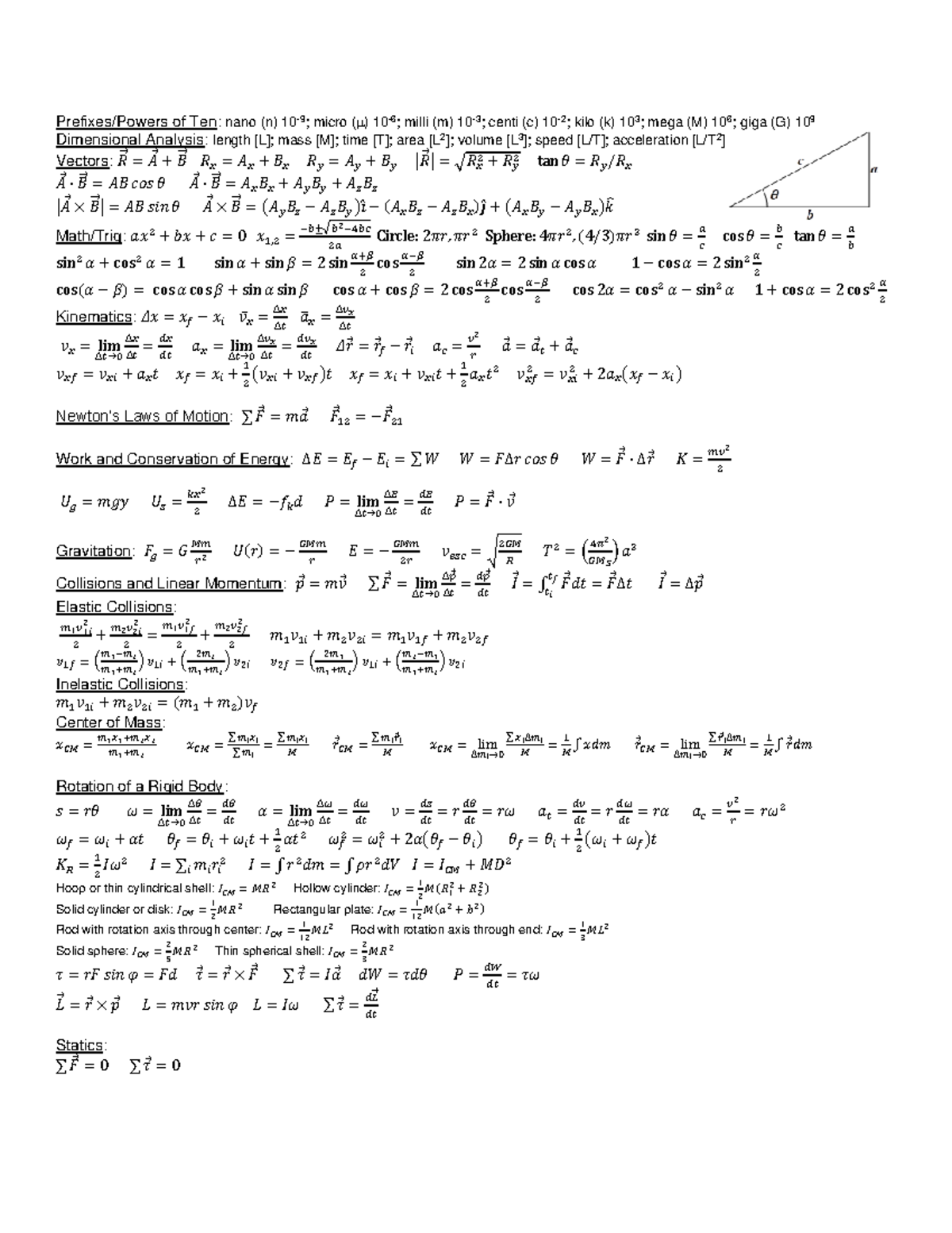 Formula Sheet - Prefixes/Powers of Ten: nano (n) 10- 9 ; micro ( ) 10 ...