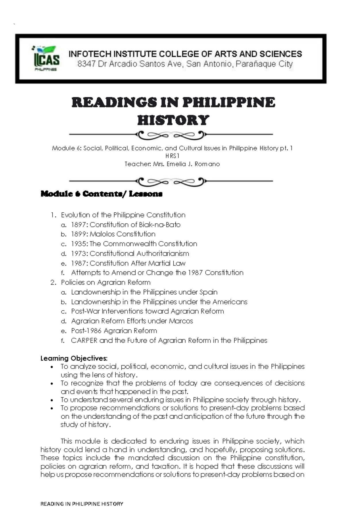 Module 6 Readings in Philipine History - ` READINGS IN PHILIPPINE ...